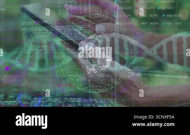 woman's hands tapping tablet screen initiating rotating DNA helix and ...