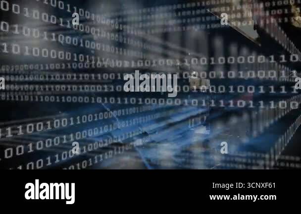 Streaming transparent binary code flowing over server room revealing IT specialist analyzing ...