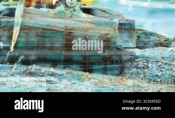 On signal excavator bucket lowering, scraping, digging, lifting and spilling gravel to form ...