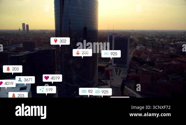 Drone launching aerial shot showing skyscraper with metric icons ...
