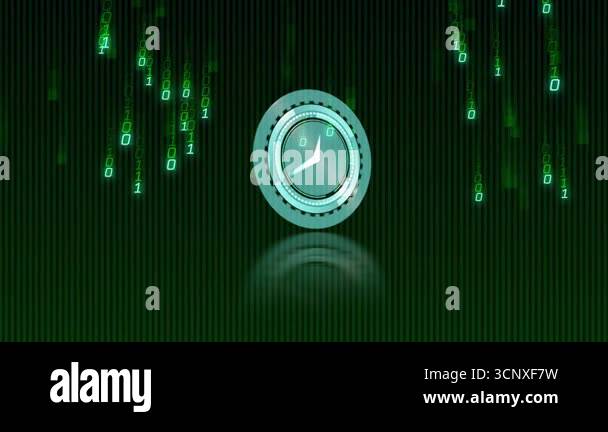 Completing teal arc, dial spinning inside rings and binary code falling ...