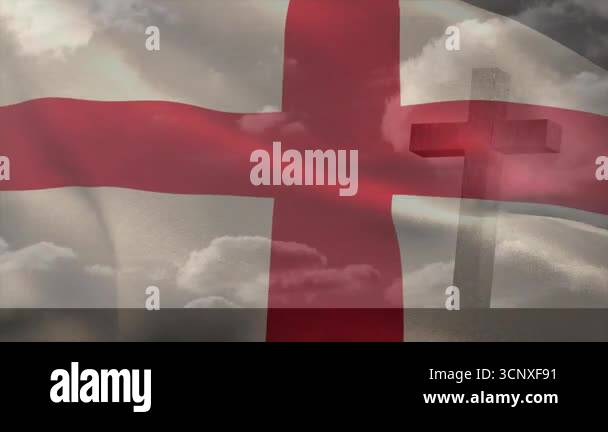 Wind blowing flag through clouds, revealing red cross and ghosted 3D ...