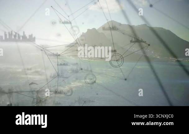 Network materializing over mountain and sea, nodes linking ships and ...