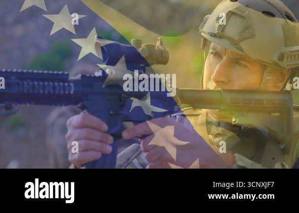 Soldier seating rifle magazine charging bolt and aiming scope for live ...