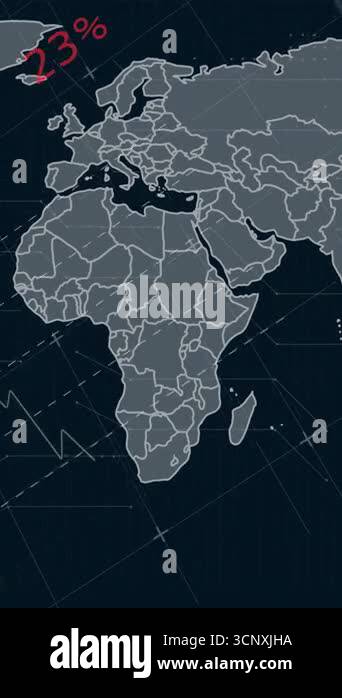 Animation of world map with red data visualizations and percentage ...