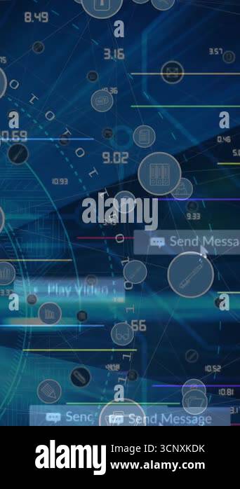 Animation of network of connections with icons over cityscape. Global ...