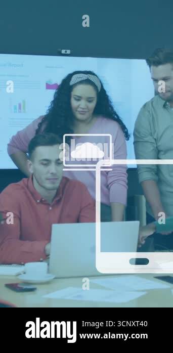 Business data charts animation over diverse team collaborating in ...