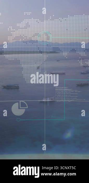 World map and data analytics animation over coastal landscape with boats. technology, mapping ...