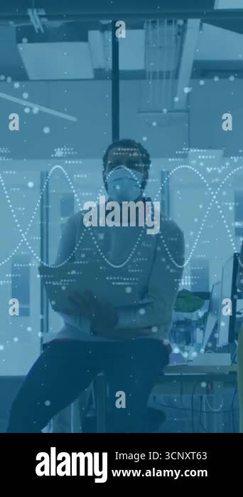 In office, diverse team collaborating with data animation overlay ...