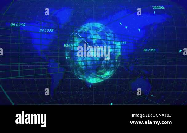 Interface opening data labels, grid appearing as arcs sweeping around rotating globe showing ...