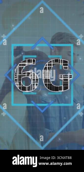 6G technology animation over diverse group collaborating on digital ...