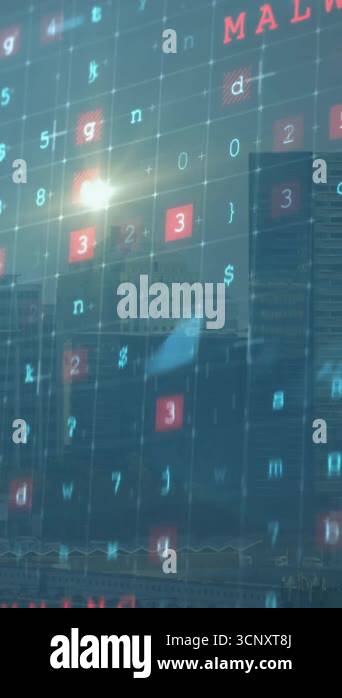 Cloud computing concept animation over cityscape with binary code and ...