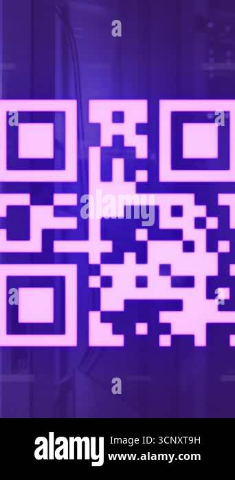 Animation of qr code over data processing and server room. data ...