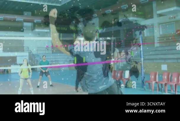 Male athlete spiking ball over net and activating transparent map ...