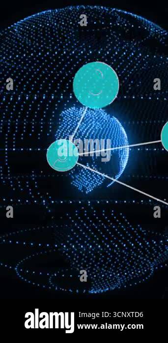 Animation of digital globe with user icons showing global network ...