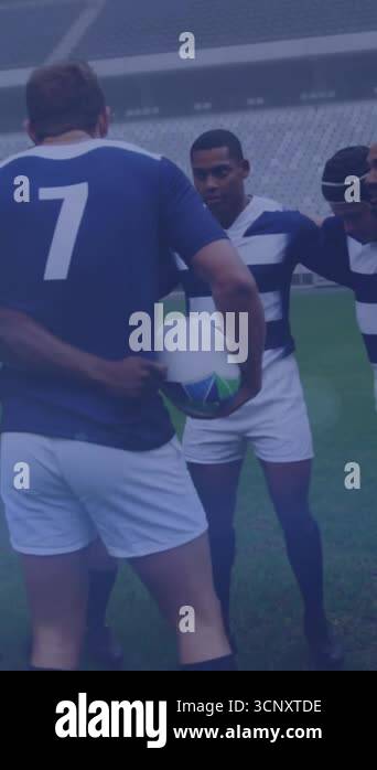 Animation of glowing lights over diverse rugby players in sports ...