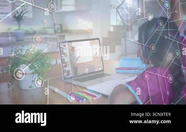 Girl opening laptop joining online lesson following teacher gestures with network graphic ...