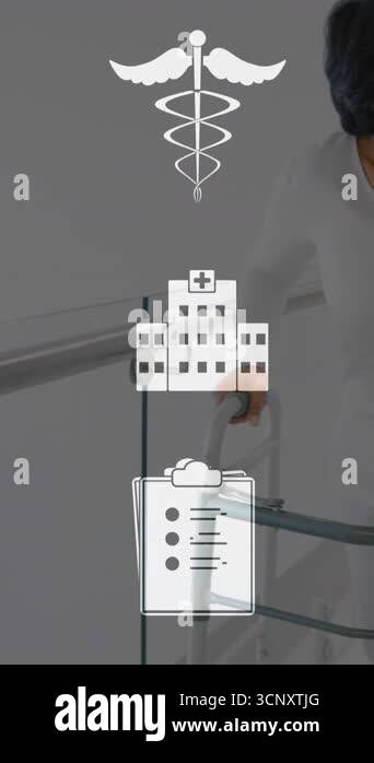 Animation of digital icons over asian female doctor with patient in ...