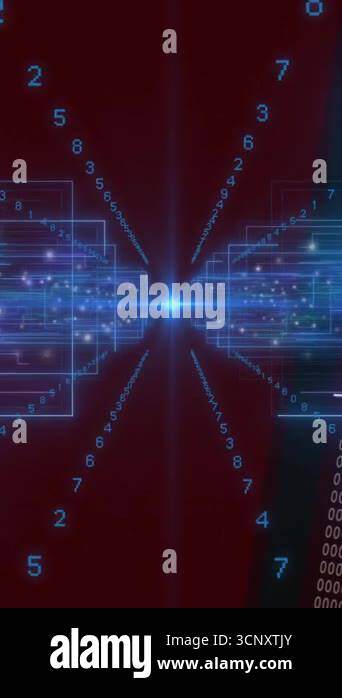 Numbers and code animating on red background, digital encryption and data processing ...