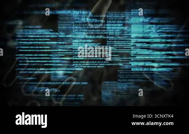 Cyan code cluster emerging from backdrop shifting glitching scrolling ...