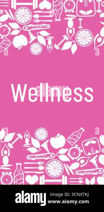 Wellness concept animation with text and health related symbols over ...