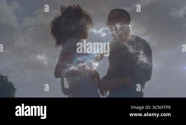 film couple placing hand on man's chest initiating cosmic overlay and ...