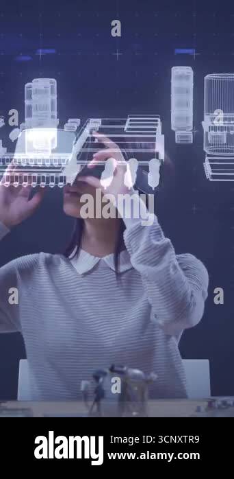 Person using virtual reality headset with digital circuit board ...