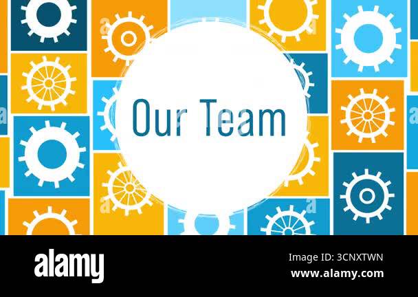 Our Team concept animation with text and gears rotating on blue orange ...