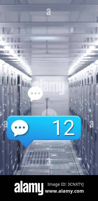 Animation of chat bubbles and number 43 floating over data servers in ...