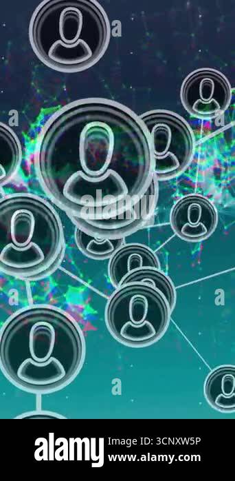 Network of connected user icons and data processing animation over ...
