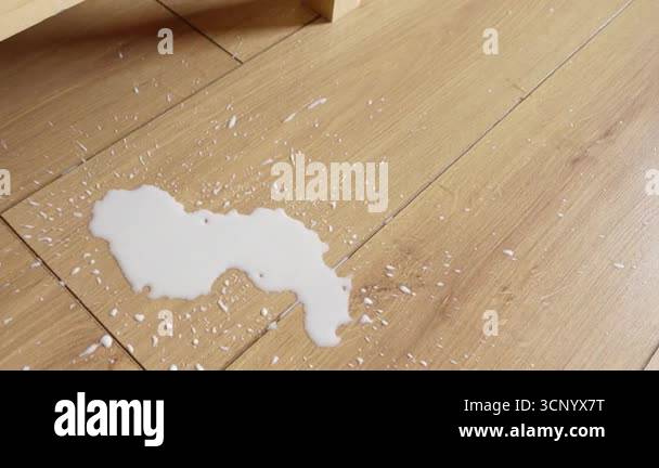 Milk has spilled on a wooden floor, leaving a significant mess to clean ...