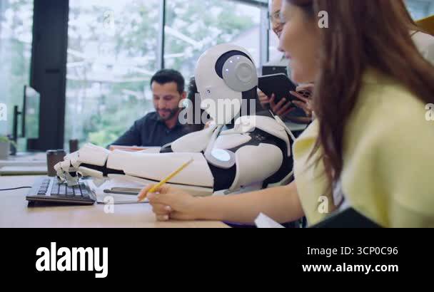 Side view of multi-ethnic group of people gathering around cyborg ...