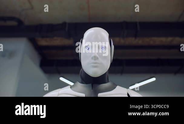 Camera holding focus on modern robot while moving away. Humanoid cyborg ...