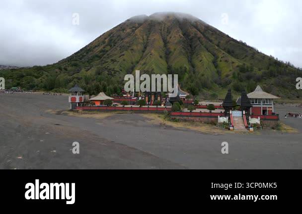 Aerial view of Hindu temple at the foot of Mount Bromo in East Java ...