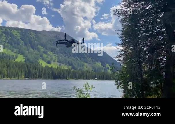 Drone launch over Rakhmanovsky Lake in Katon Karagai State National ...
