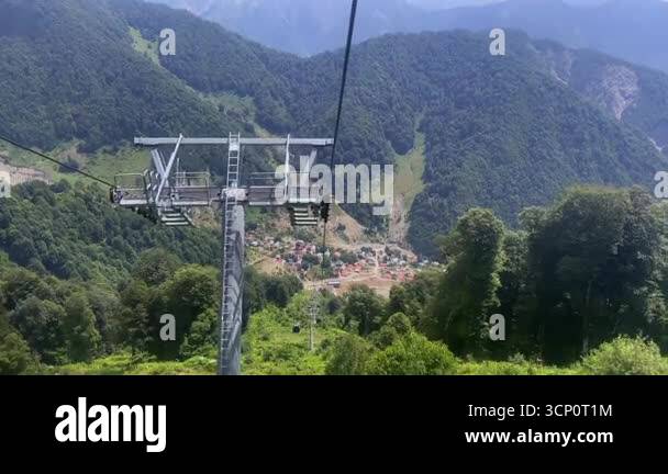 Tufandag Ski Resort cable car ride. Bird's-eye view of the peaks of the ...