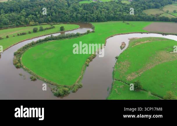 Tilt down revealing shot of an oxbow lake surrounded by lush green ...