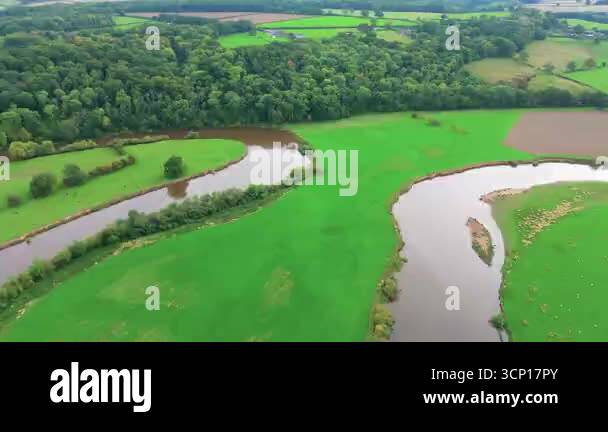 Oxbow lake on the River Severn from above with a backwards left yaw ...