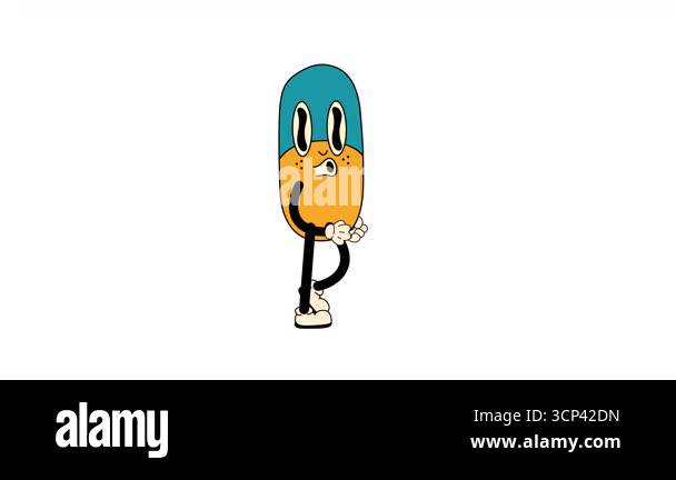 Psychedelic Retro Pill Cartoon Character. Walking Loop Animation. Alpha ...