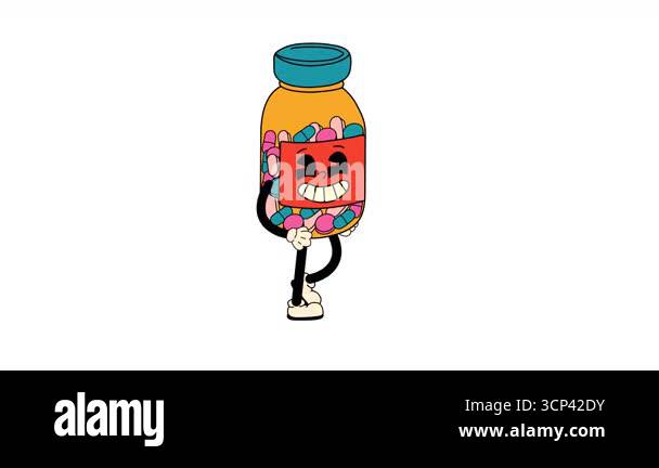 Groovy Retro Pill Jar Cartoon Character. Walking Loop Animation. Alpha ...