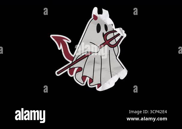 Unfolded paper sticker of Cute Spooky Devil Ghost with Trident ...