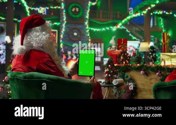 Santa Claus responding to kids requesting gifts, typing on isolated ...