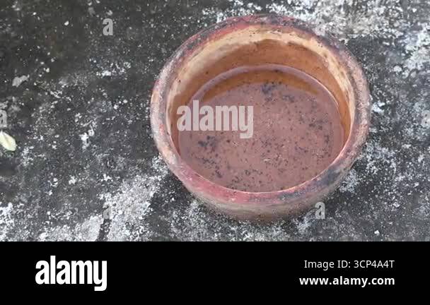 Rainwater pooled in a clay bowl on an old building concrete roof ...