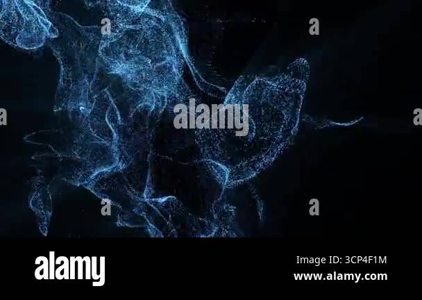 Abstract 3D visualization of blue glowing particles forming dynamic ...