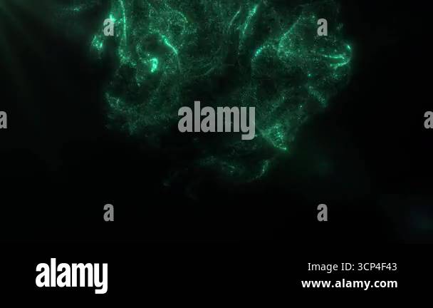 Dynamic animation of glowing green particles forming abstract flowing ...