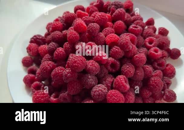 Pile of fresh red raspberries rotating. Sweet harvest. Organic vitamin ...
