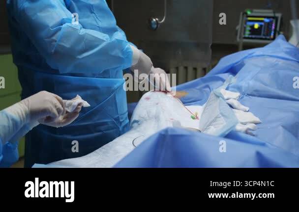 The hands of surgeons in silicone gloves hold the instruments for the ...