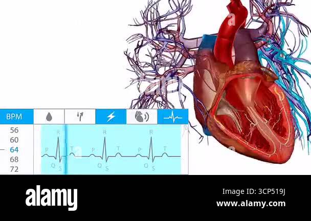3D animation showing rhythmic contraction of heart chambers generating ...