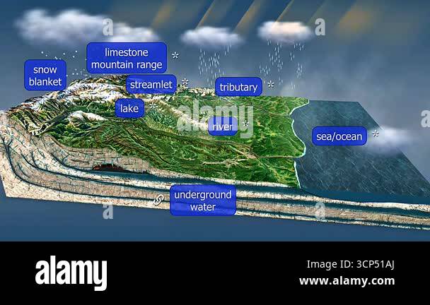 3D animation depicting evaporation, condensation, precipitation, and ...