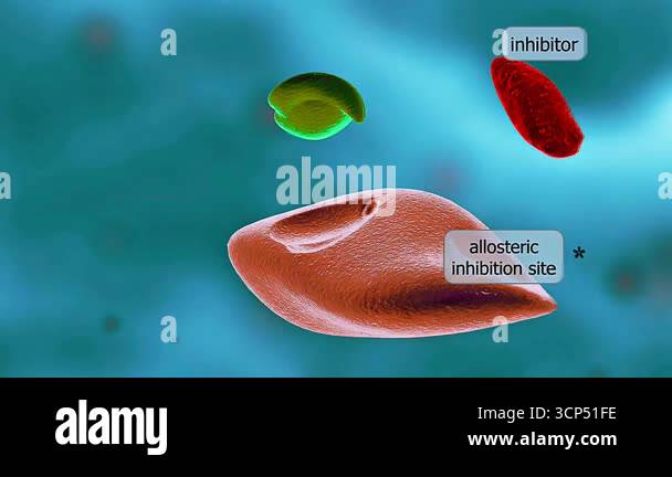 3D animation illustrating enzyme allosteric inhibition, showing ...